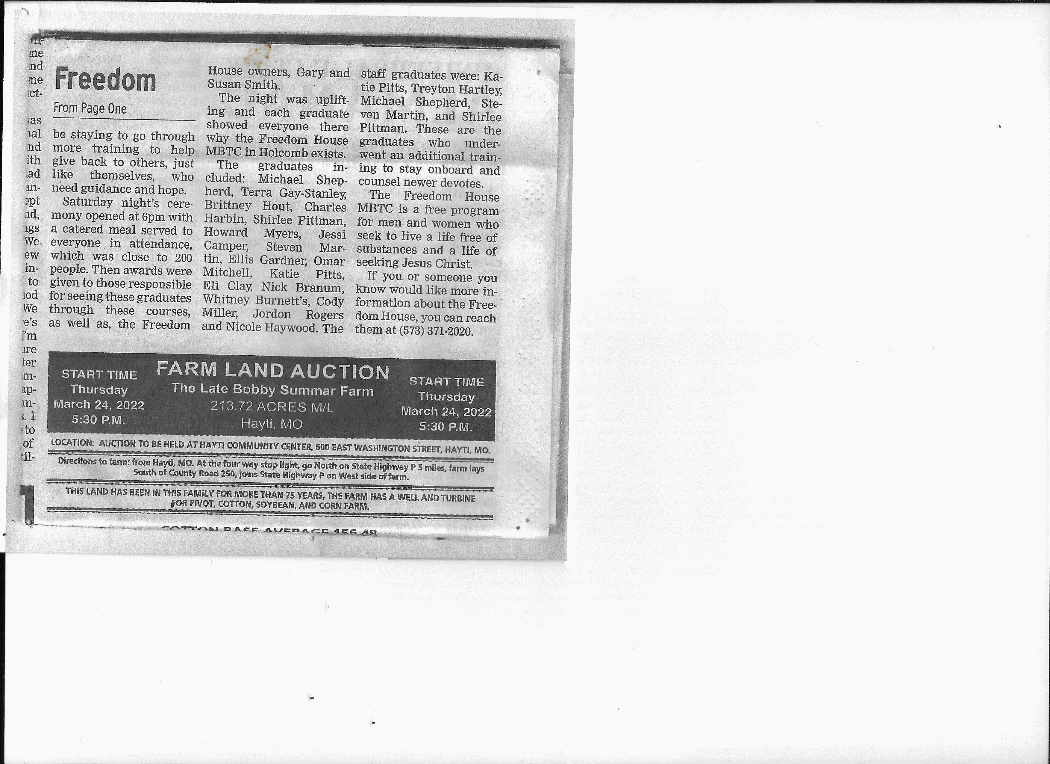 NEWSPAPER ARTICLES | Freedom House | Holcomb, MO